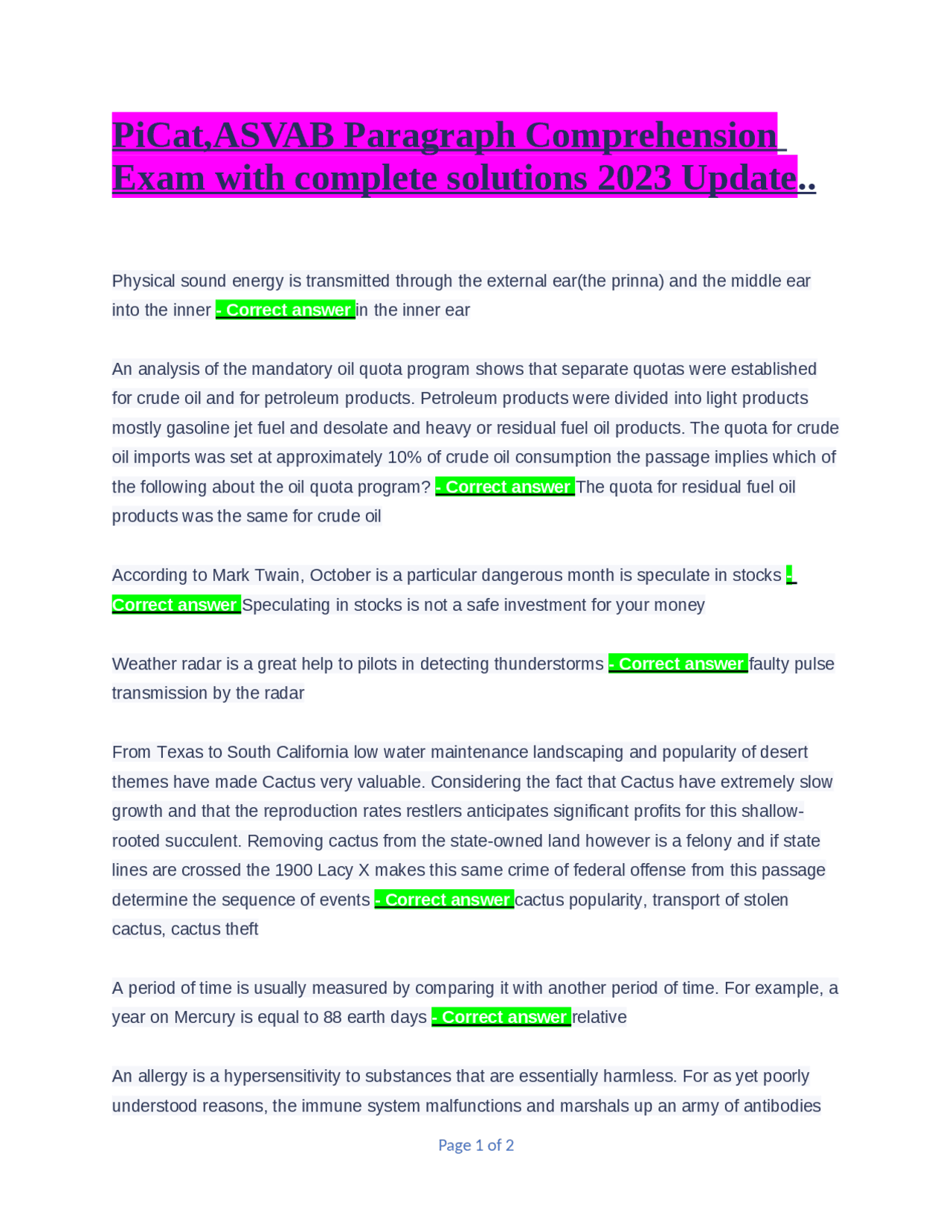 PiCat,ASVAB Paragraph Comprehension Exam with complete solutions 2023 ...