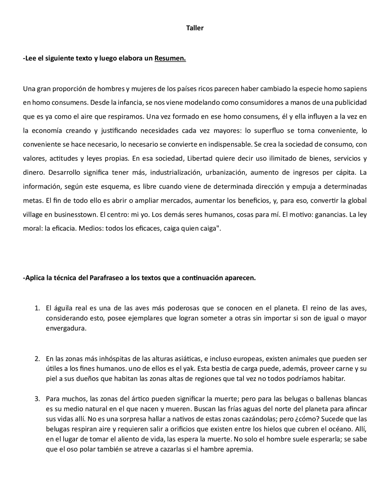 Taller paráfrasis de español | Ejercicios de Lengua y Literatura | Docsity