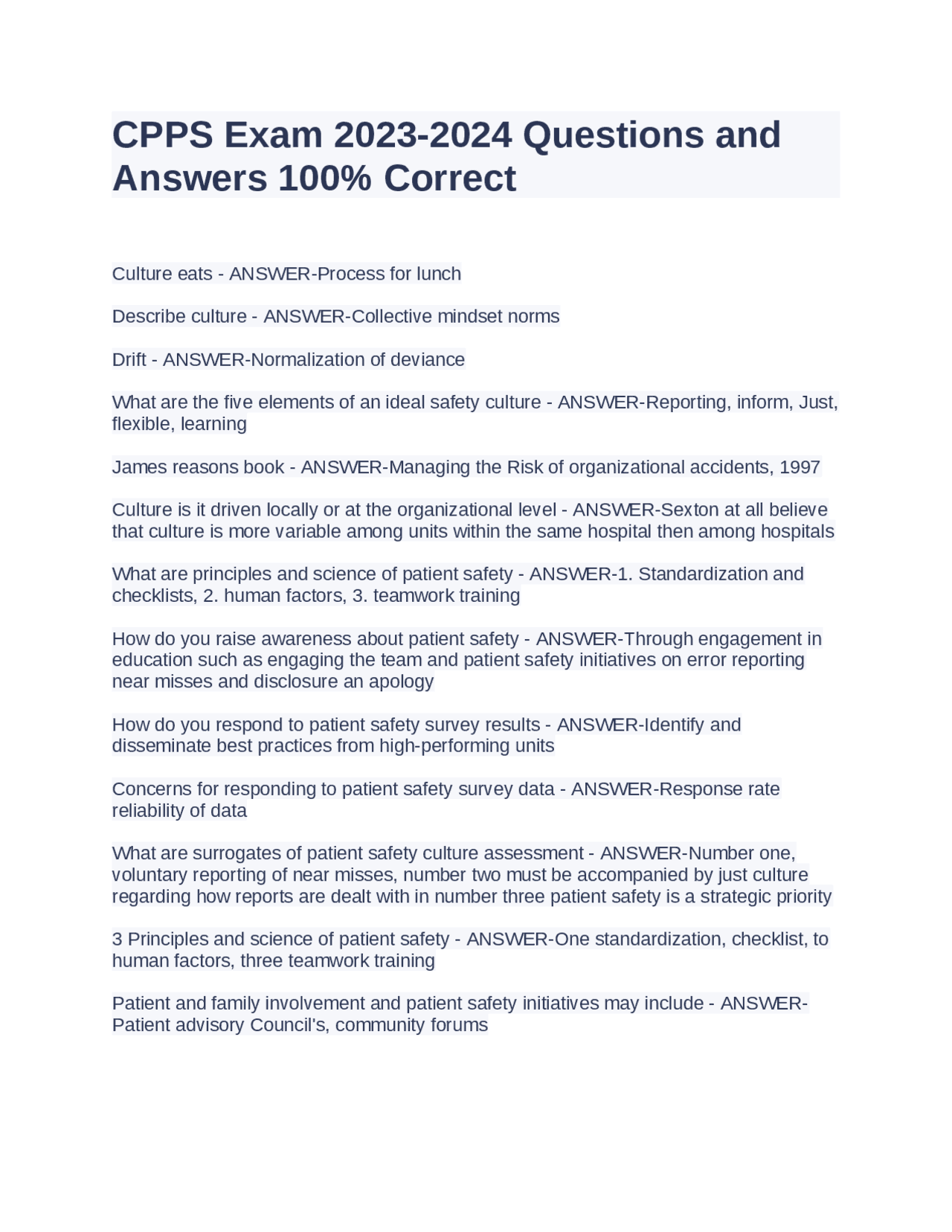 CPPS Exam 2023-2024 Questions and Answers 100% Correct | Exams Public Health | Docsity