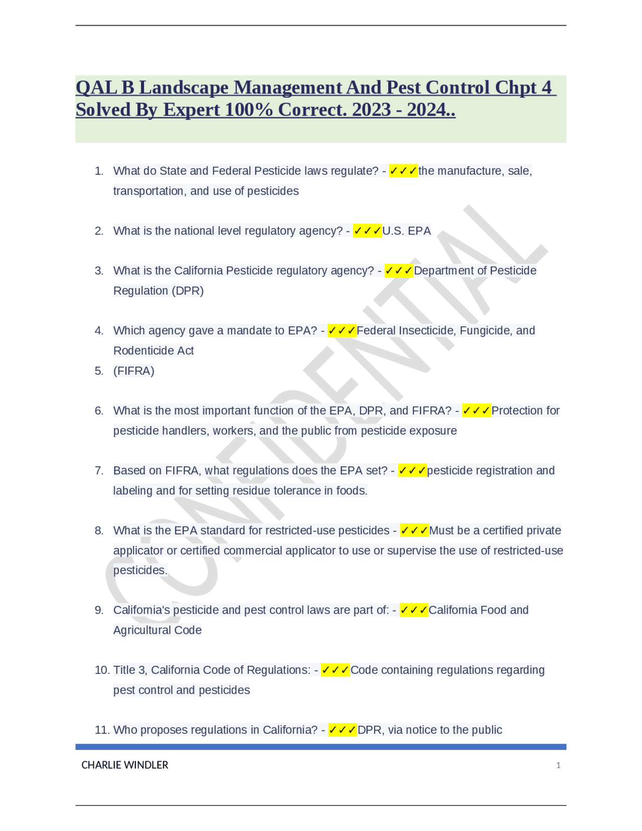 QAL B License-Landscape Maintenance Pest Control Chpt 1 With Correct ...