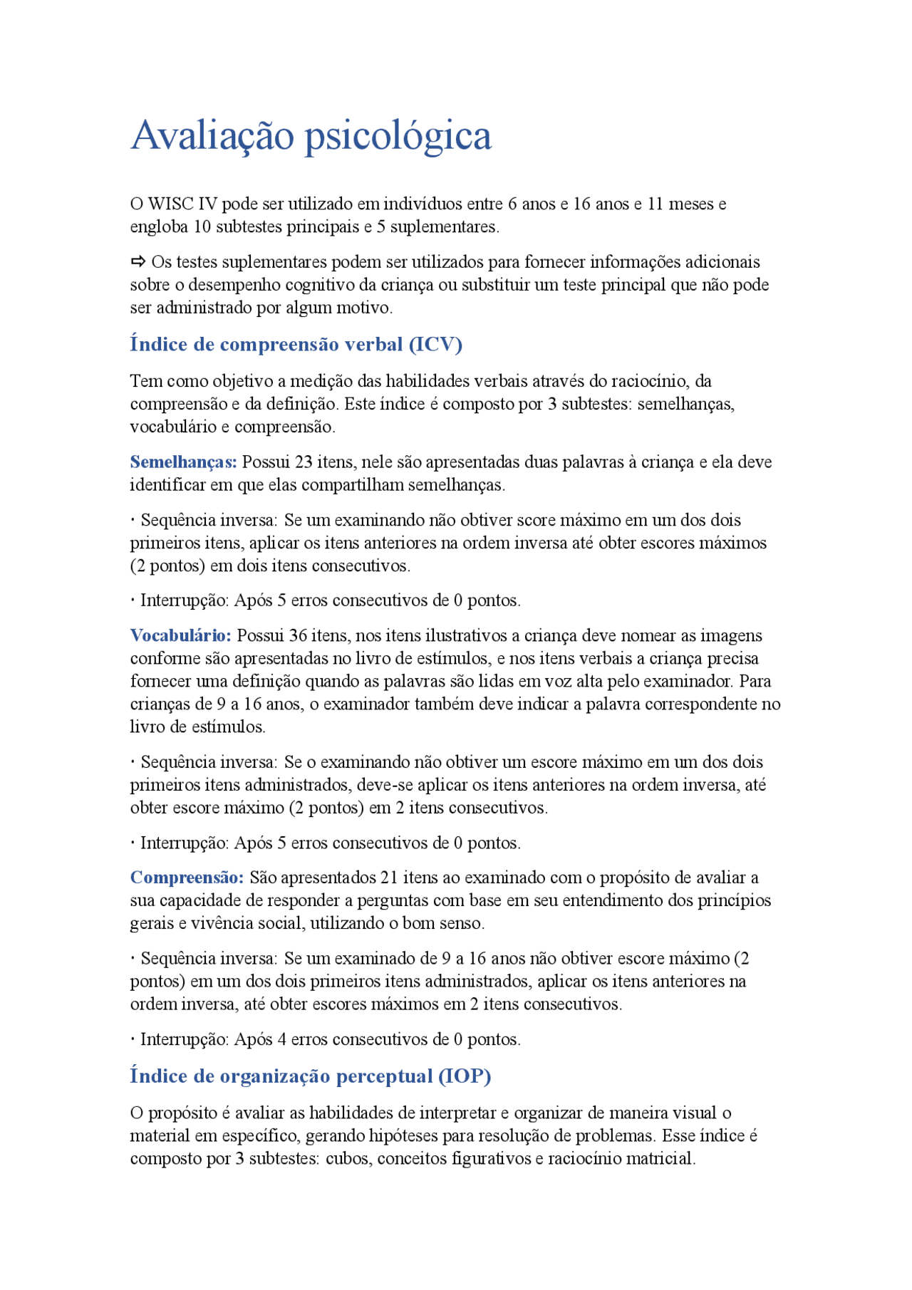 avaliaçao psicologica WISC IV | Esquemas Avaliação de Desempenho | Docsity