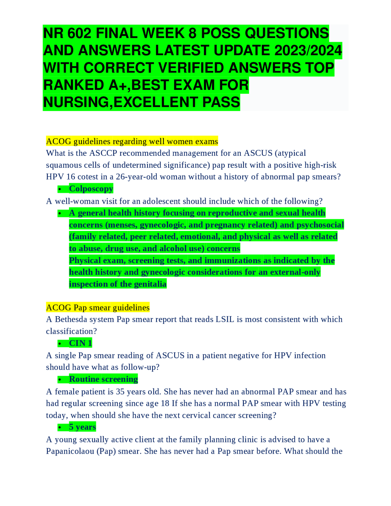 NR 602 FINAL WEEK 8 POSS QUESTIONS AND ANSWERS LATEST UPDATE 2023/2024 ...