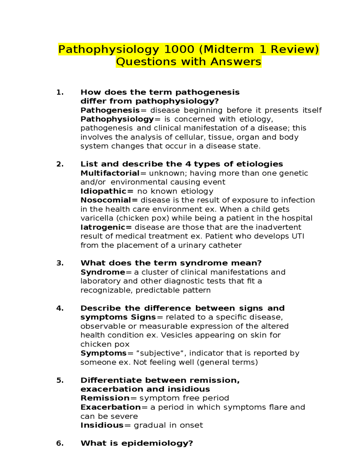 Pathophysiology 1000 Midterm 1 Review Questions With Answers Exams