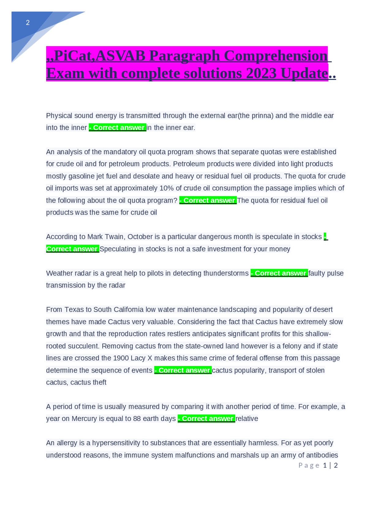 PiCat,ASVAB Paragraph Comprehension Exam with complete solutions 2023 Update. | Exams Nursing ...