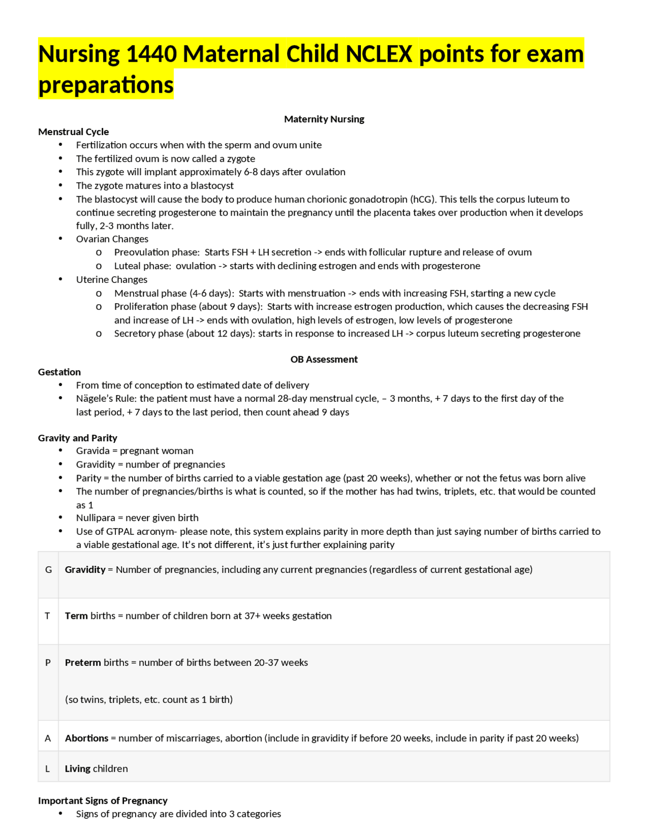 Nursing 1440 Maternal Child NCLEX points for exam preparations | Exams ...