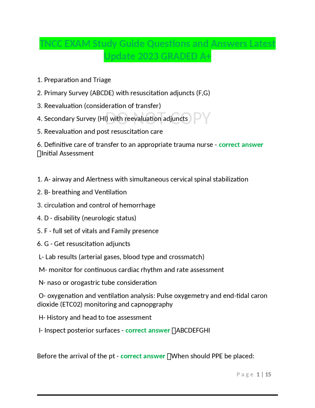 TNCC EXAM Study Guide Questions and Answers Latest Update 2023 GRADED ...