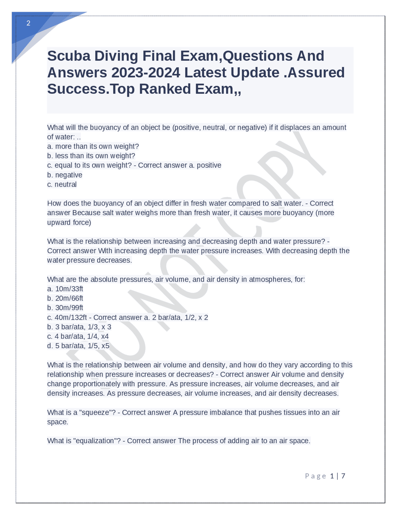 Scuba Diving Final Exam,Questions And Answers 2023-2024 Latest Update ...