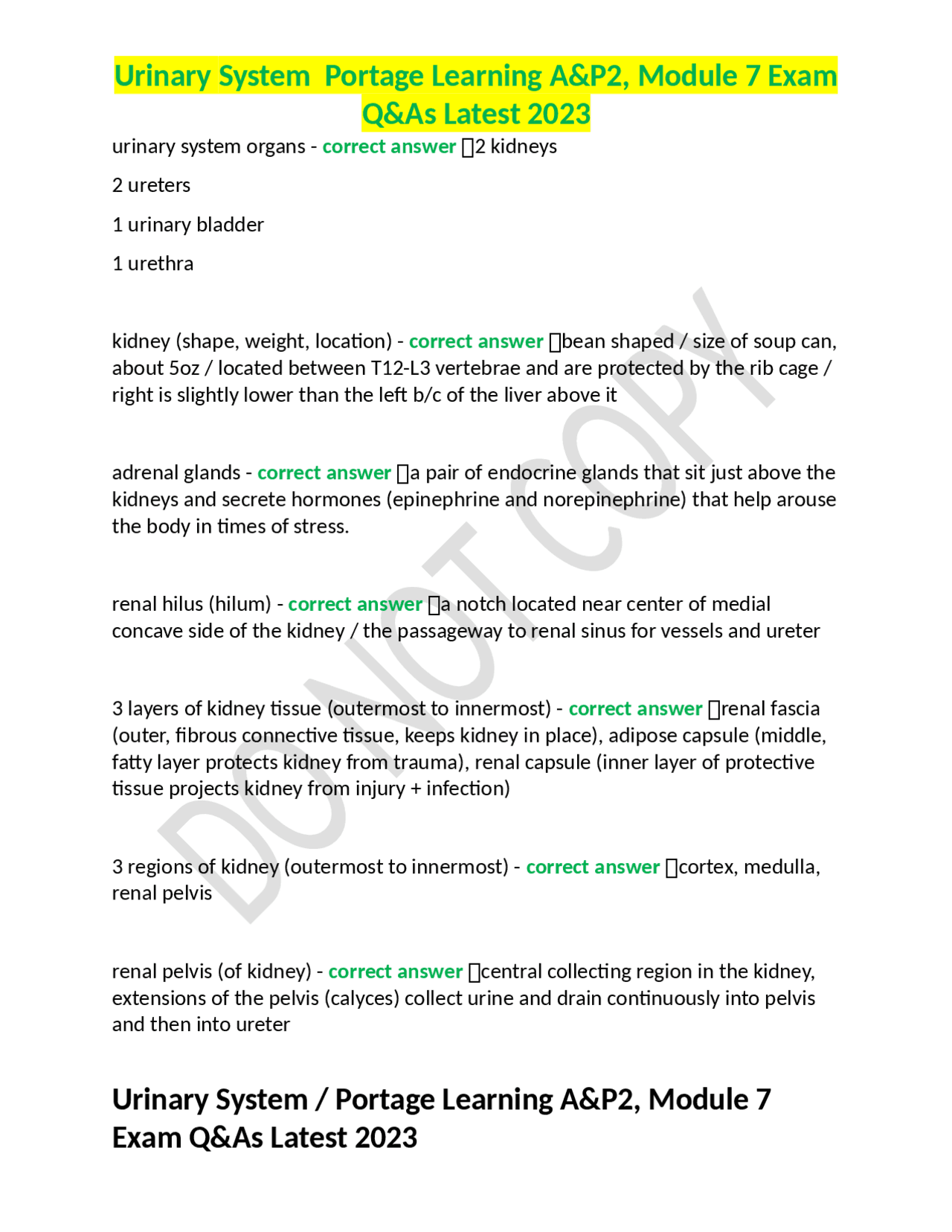 Urinary System Portage Learning A&P2, Module 7 Exam Q&As Latest 2023 ...