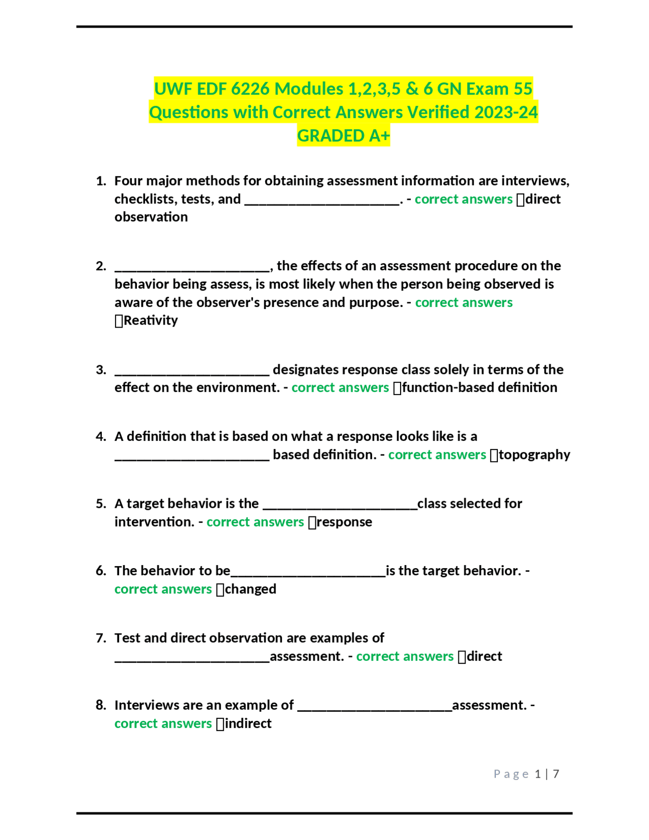 UWF EDF 6226 Modules 1,2,3,5 & 6 GN Exam 55 Questions with Correct ...