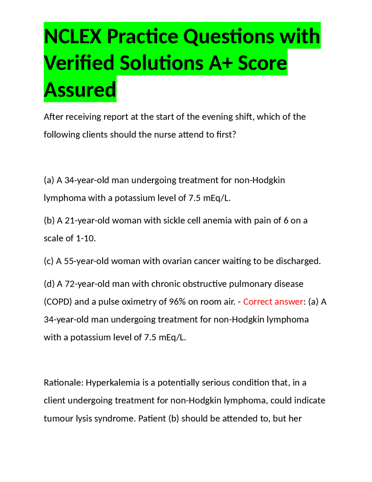 NCLEX Practice Questions with Verified Solutions A+ Score Assured ...