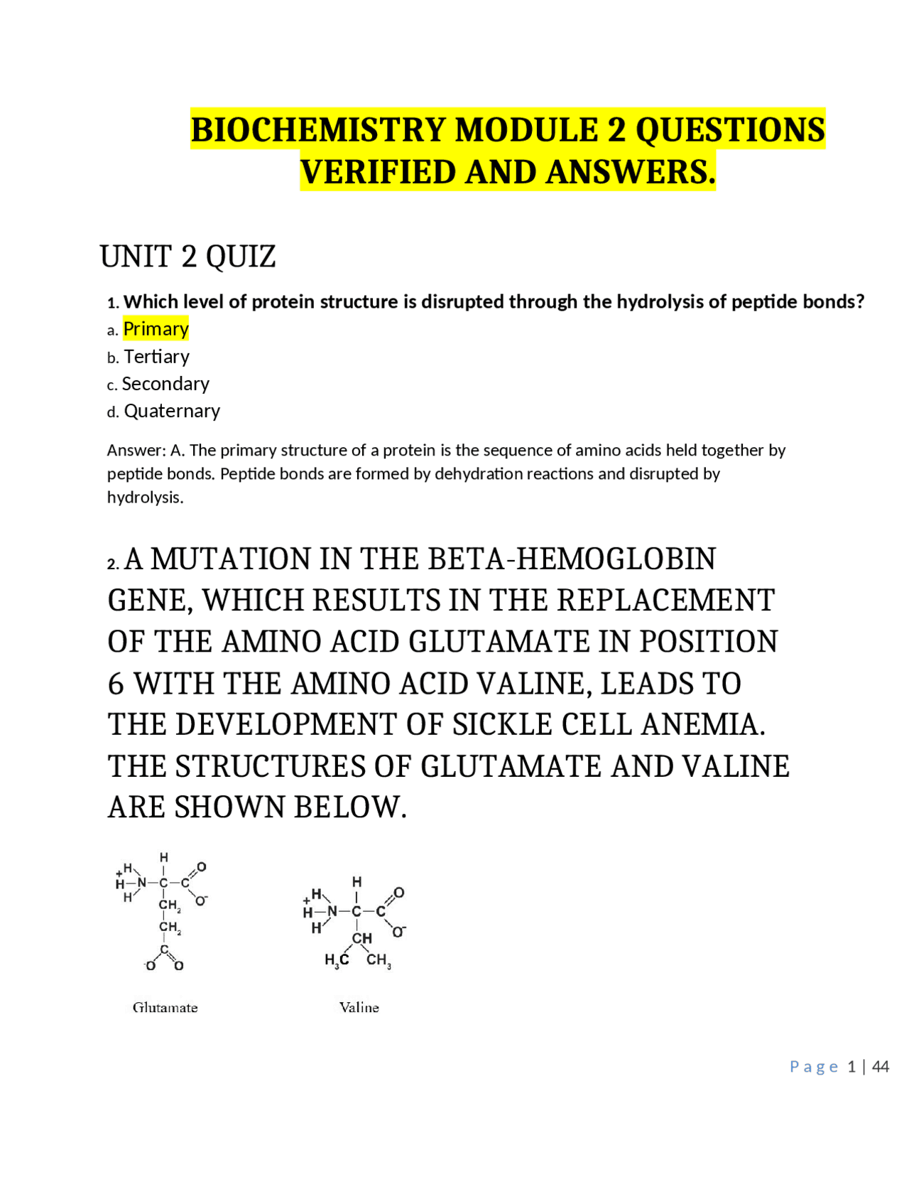 BIOCHEMISTRY MODULE 2 QUESTIONS VERIFIED AND ANSWERS. | Exams Biochemistry | Docsity