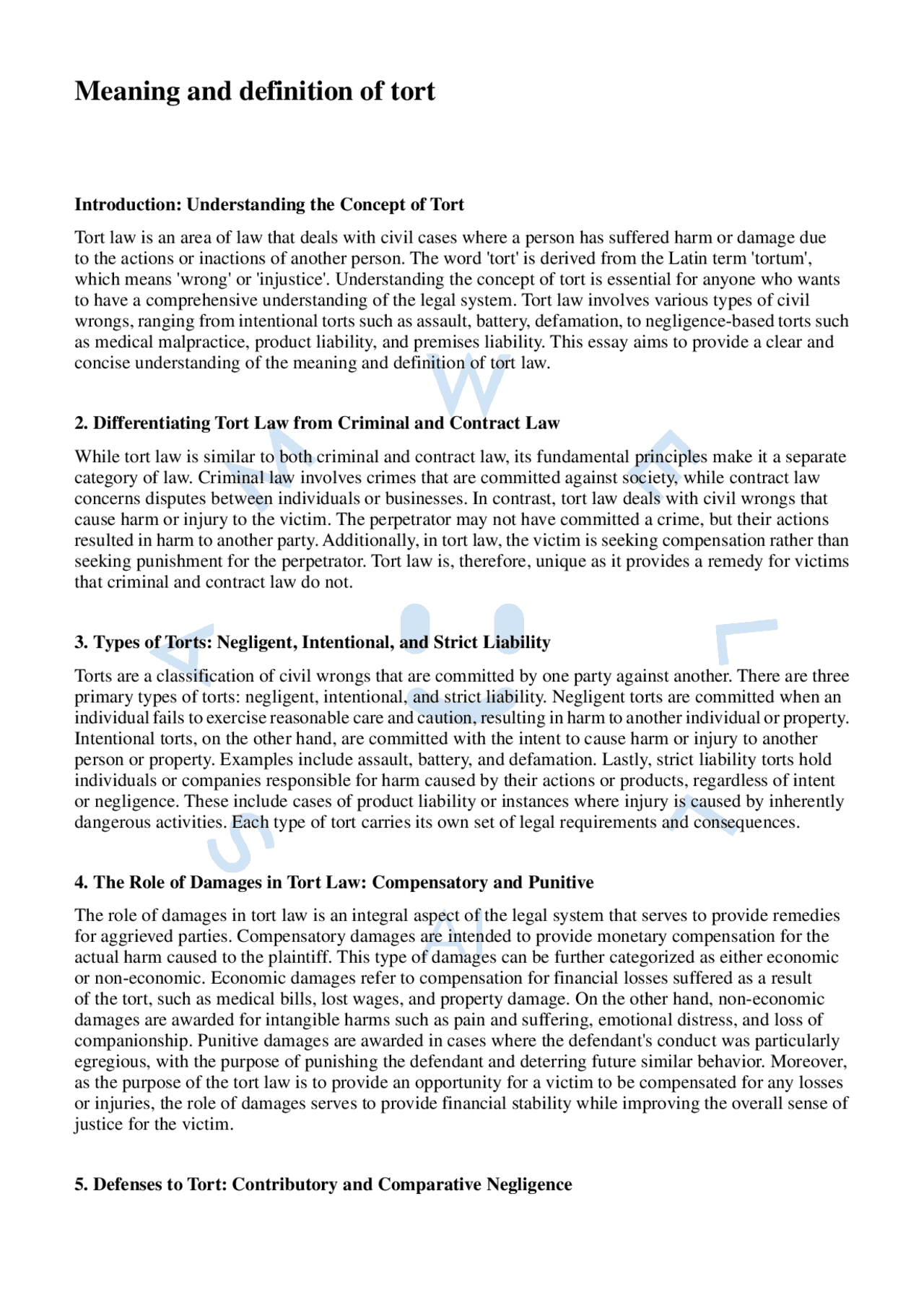 meaning and definition of torts | Exercises Law of Torts | Docsity