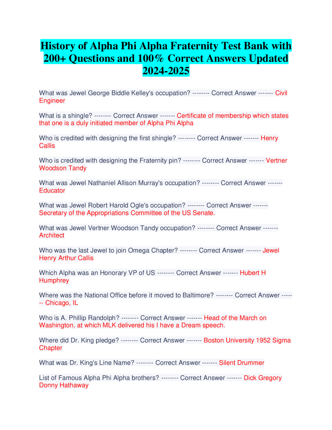 History of Alpha Phi Alpha Fraternity Test Bank with 200+ Questions ...