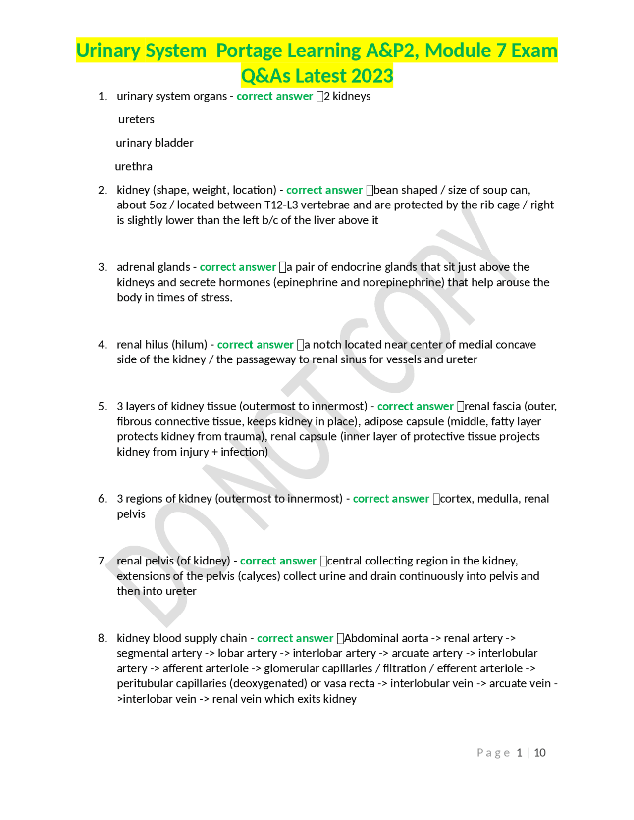 Urinary System Portage Learning A&P2, Module 7 Exam Q&As Latest 2023 ...