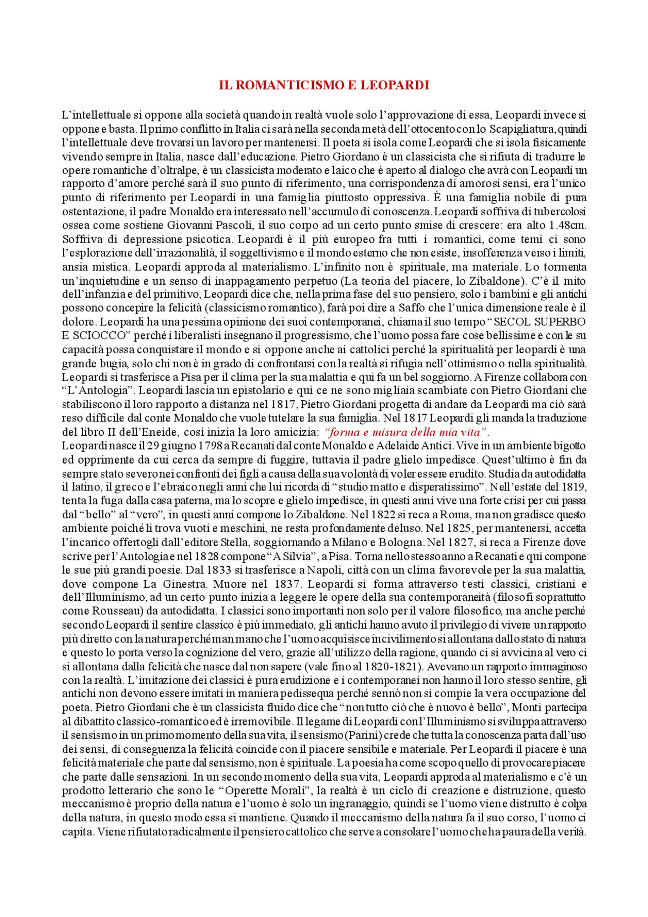 LEOPARDI E IL ROMANTICISMO | Appunti di Italiano | Docsity