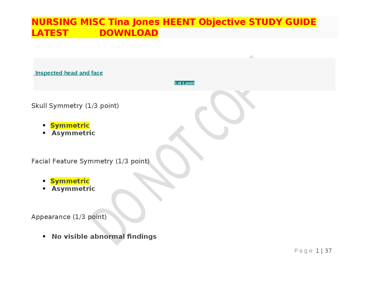 Nursing Study Guide for HEENT Objective Assessment of Tina Jones ...