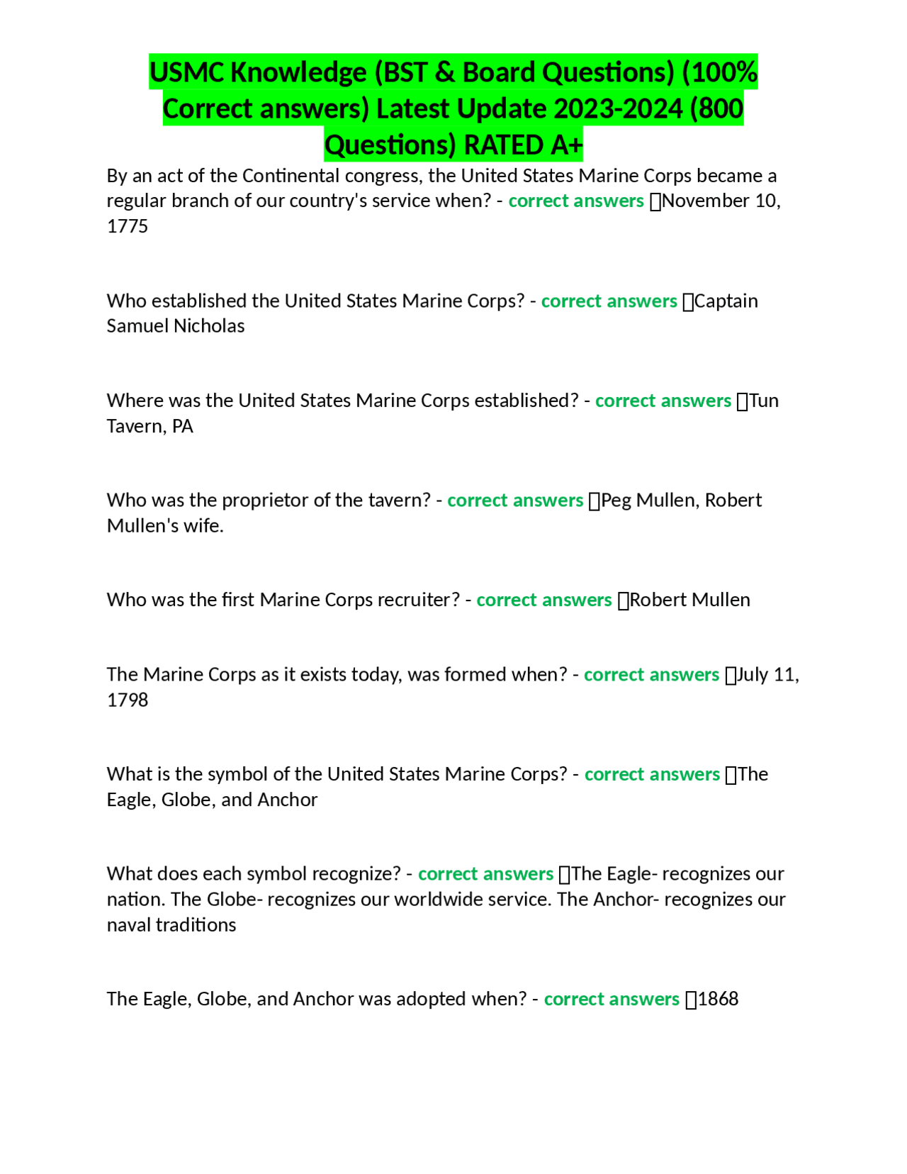 USMC Knowledge (BST & Board Questions) (100% Correct answers) Latest ...