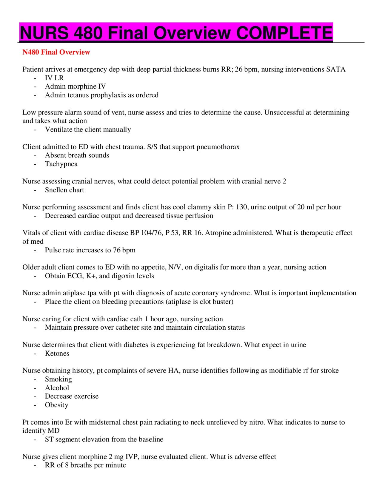 Nurs 480 Final Overview Complete Exams Nursing Docsity