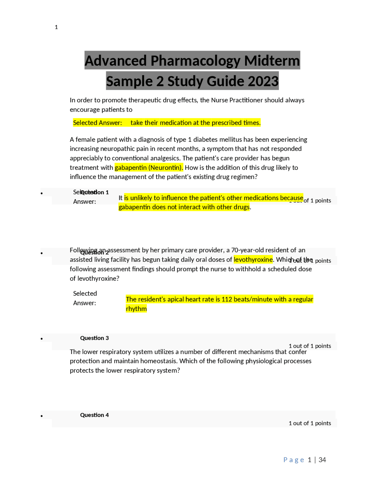 Advanced Pharmacology Midterm Sample 2 Study Guide 2023 | Exams Pharmacology | Docsity