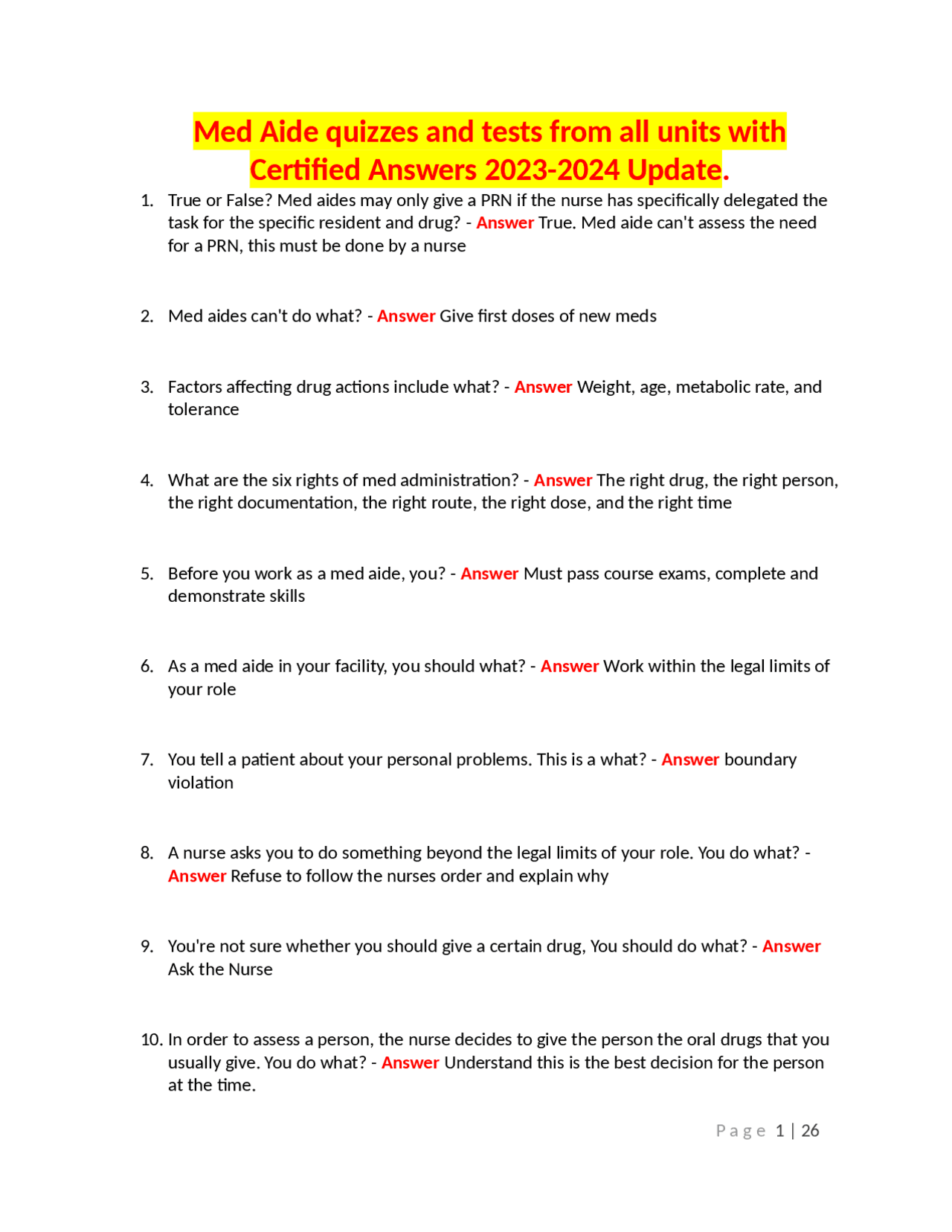 Med Aide Quizzes And Tests From All Units With Certified Answers 2023