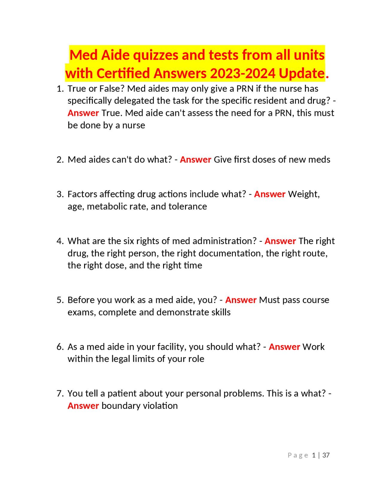 Med Aide quizzes and tests from all units with Certified Answers 2023 ...