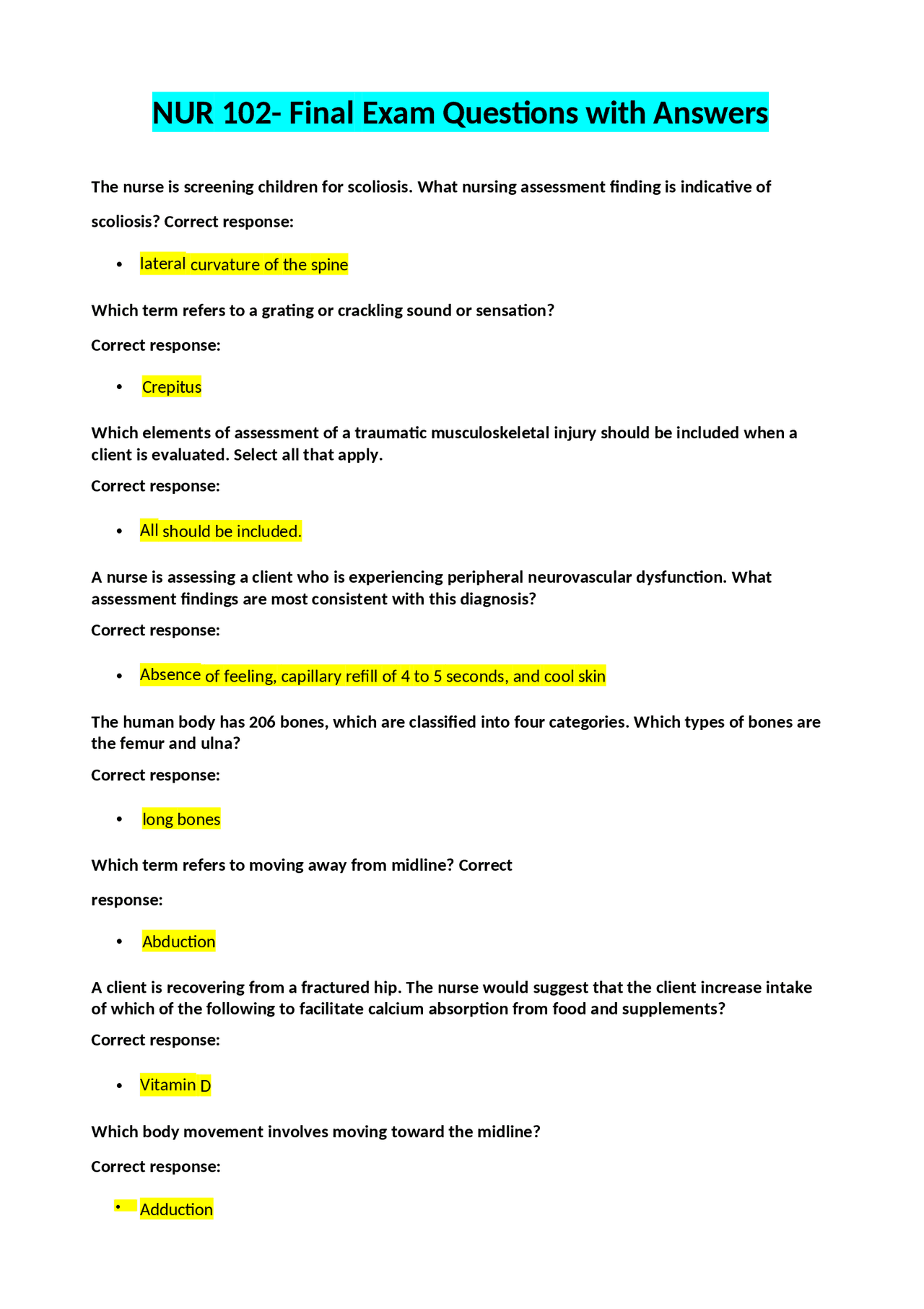 NUR 102- Final Exam Questions with Answers | Exams Nursing | Docsity