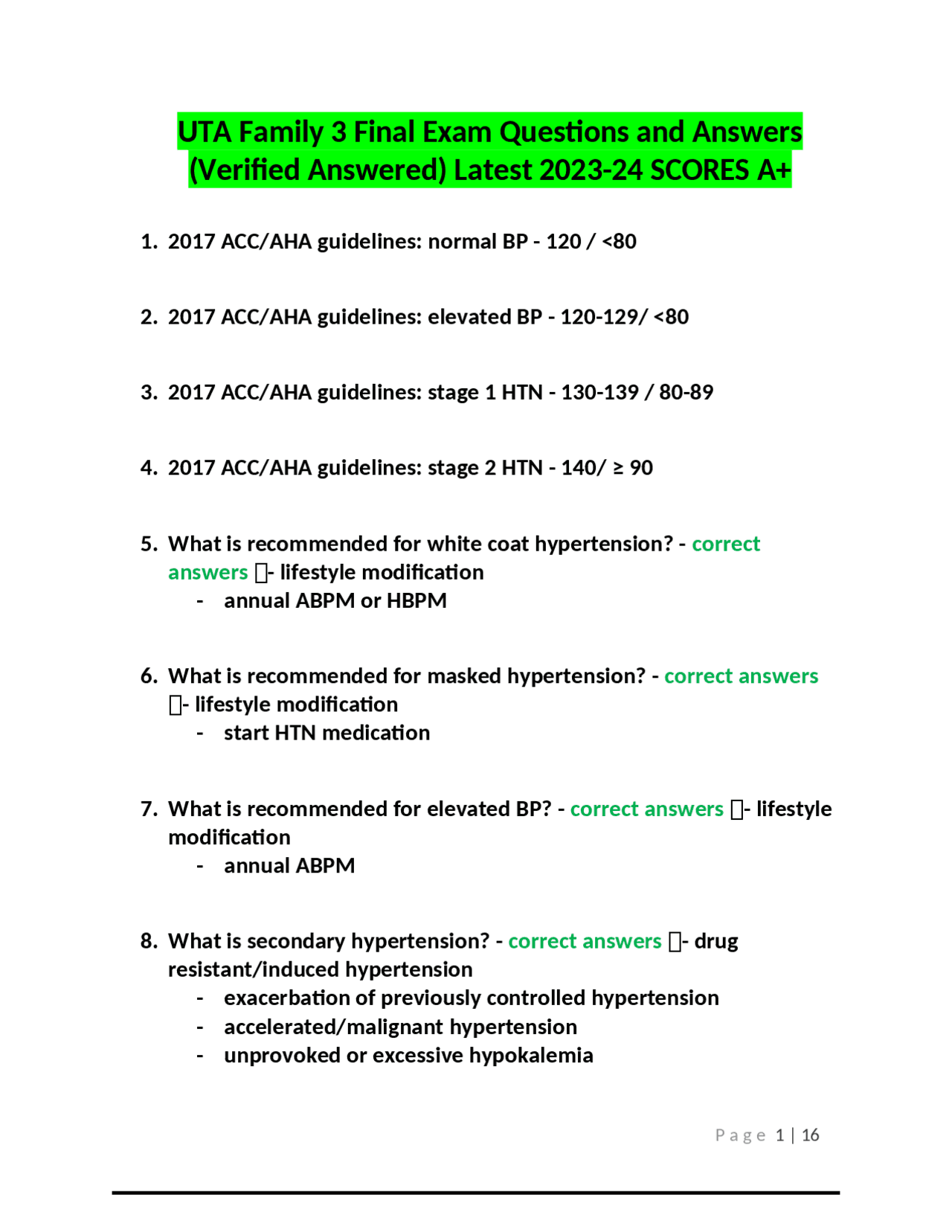 UTA Family 3 Final Exam Questions and Answers (Verified Answered ...