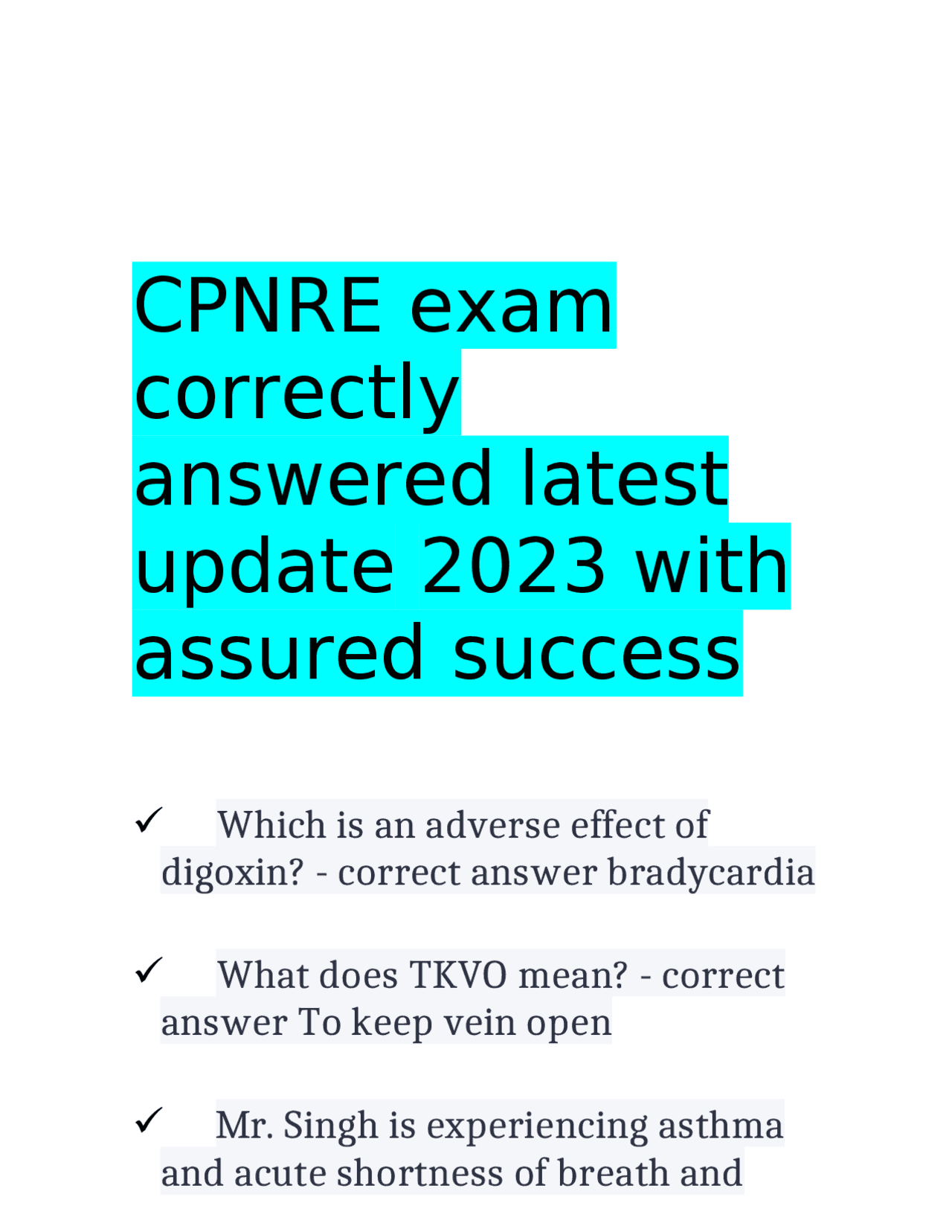 CPNRE exam correctly answered latest update 2023 with assured success ...