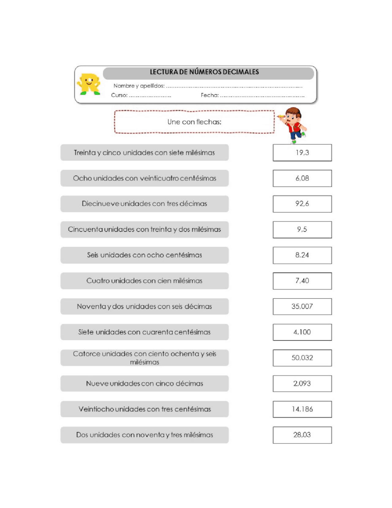 Hojas De Trabajo De Lectura Y Escritura De Decimales