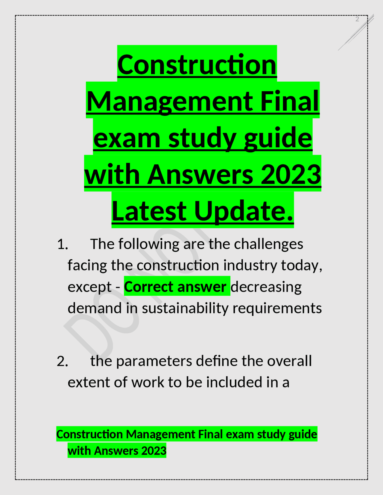 Construction Management Final exam study guide with Answers 2023 Latest ...