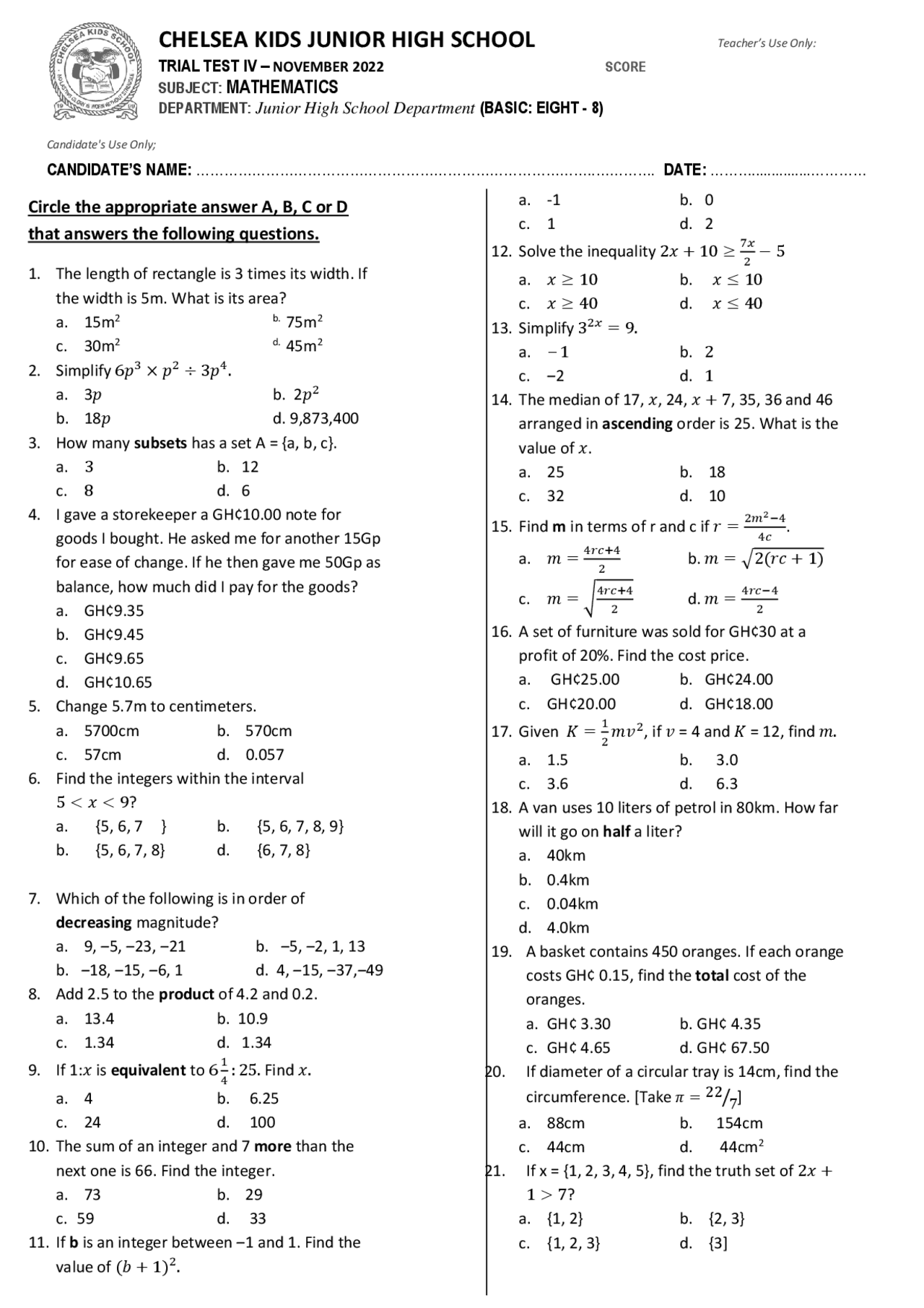 Mathematics Exam Questions | Exercises Computer science | Docsity