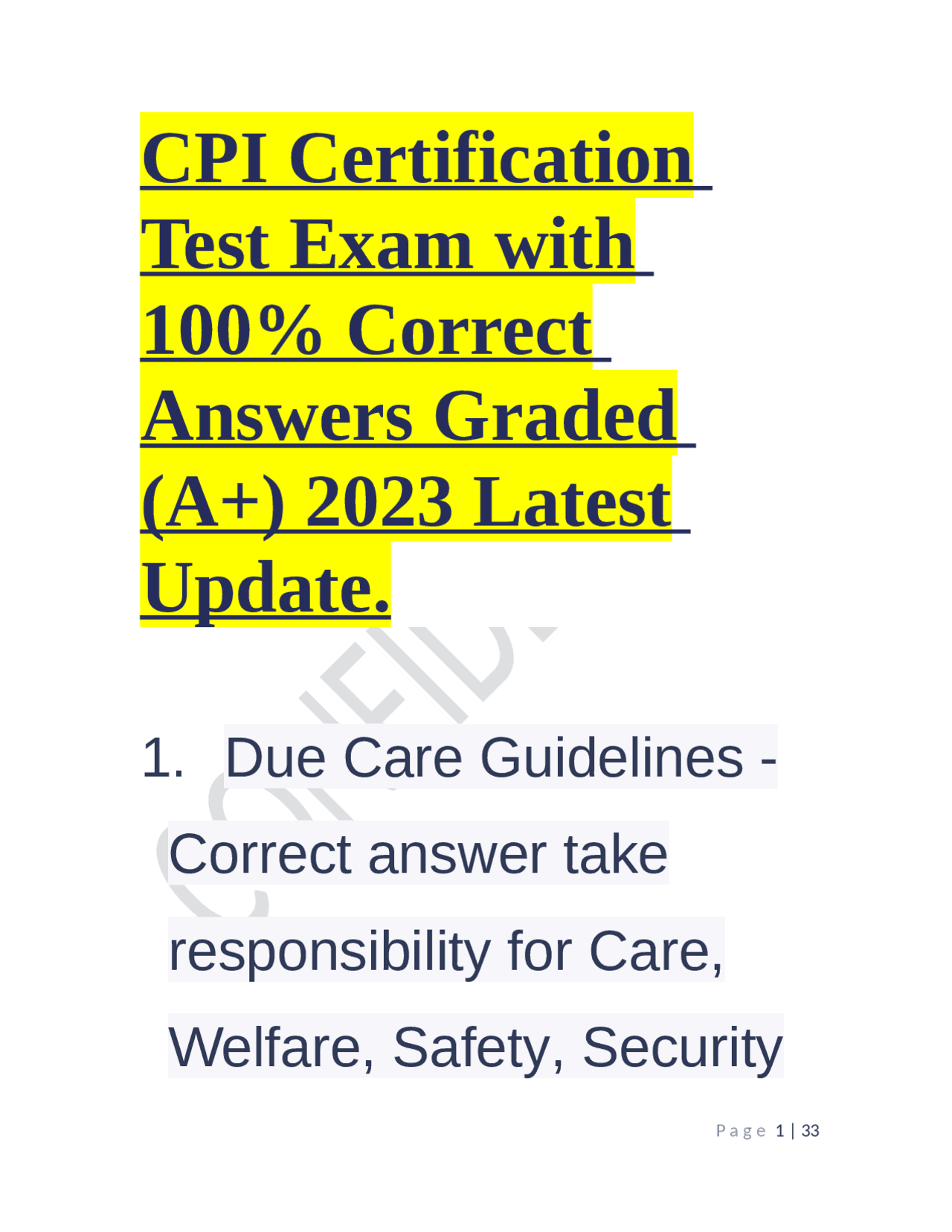 CPI Certification Test Exam with 100% Correct Answers Graded (A+) 2023 ...