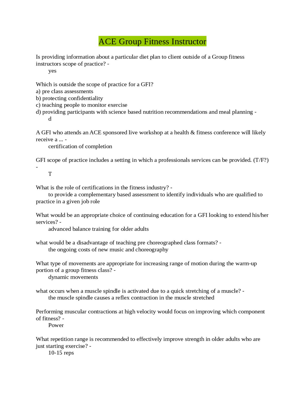 ACE Group Fitness Instructor Scope of Practice and Exercise Science ...