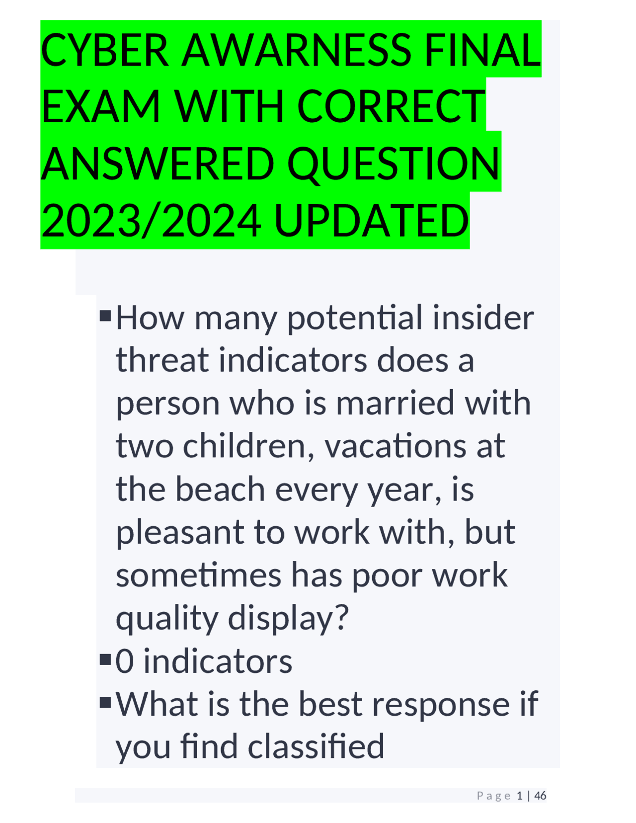 CYBER AWARNESS FINAL EXAM WITH CORRECT ANSWERED QUESTION 2023/2024 ...
