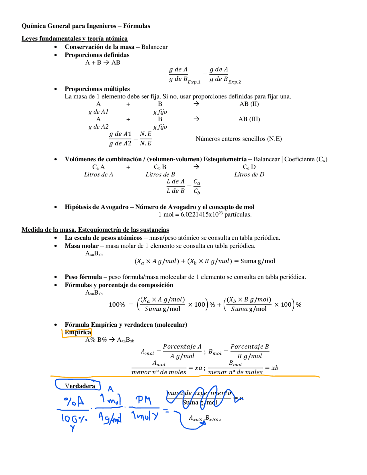 formulas importantes | Apuntes de Química | Docsity