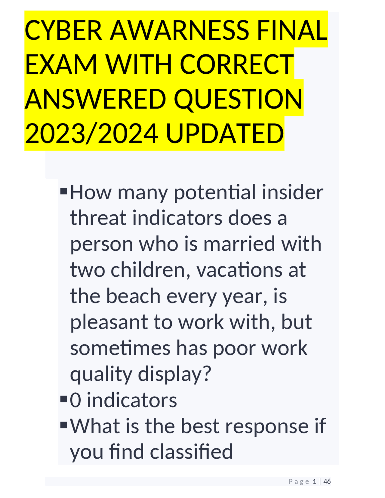 CYBER AWARNESS FINAL EXAM WITH CORRECT ANSWERED QUESTION 2023/2024 ...