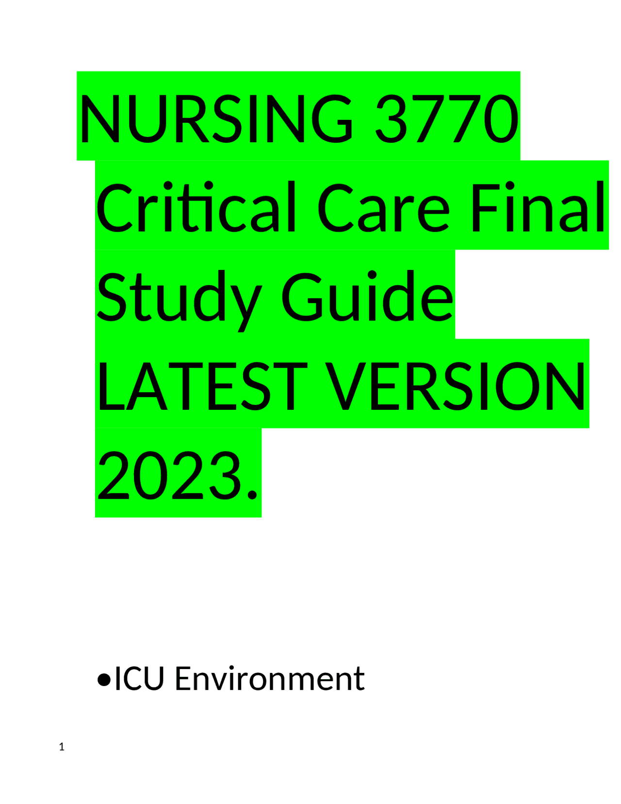 Nursing 3770 Critical Care Final Study Guide | Exams Nursing | Docsity