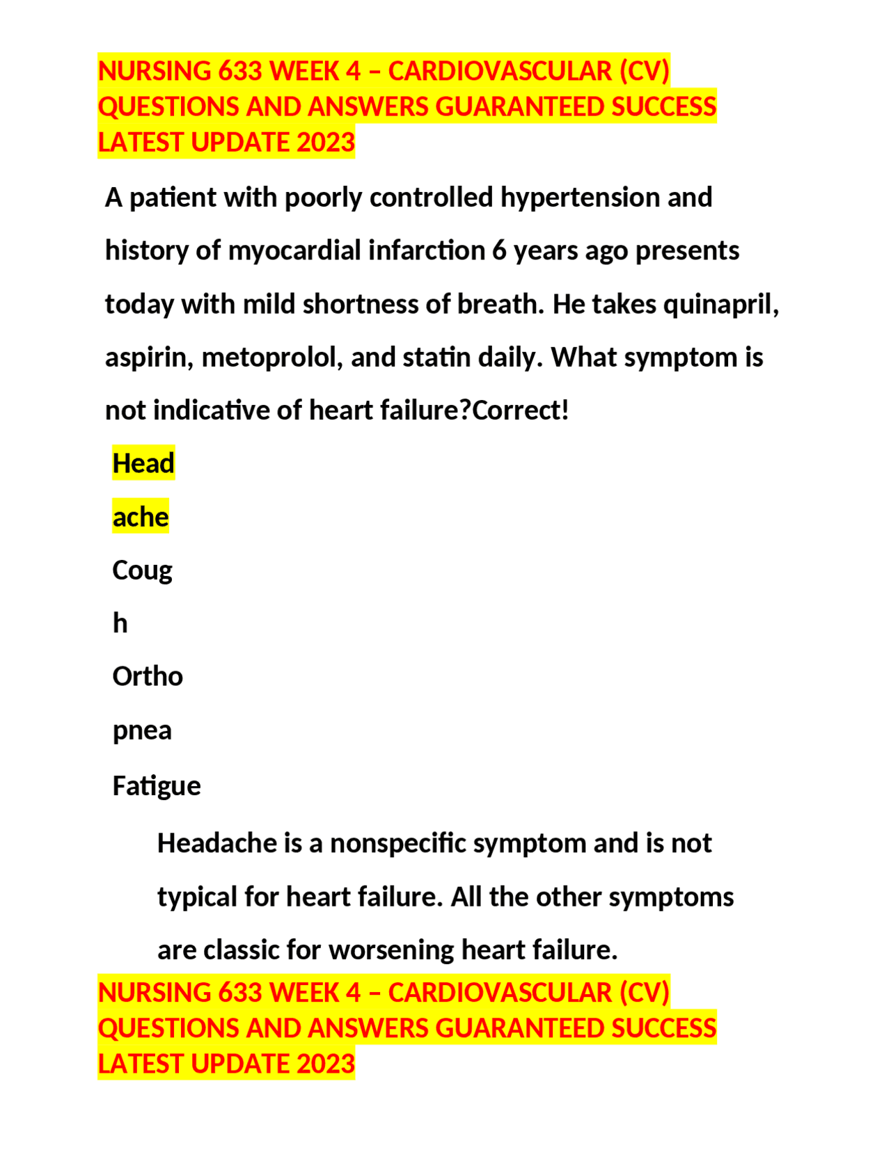 NURSING 633 WEEK 4 – CARDIOVASCULAR (CV) QUESTIONS AND ANSWERS ...