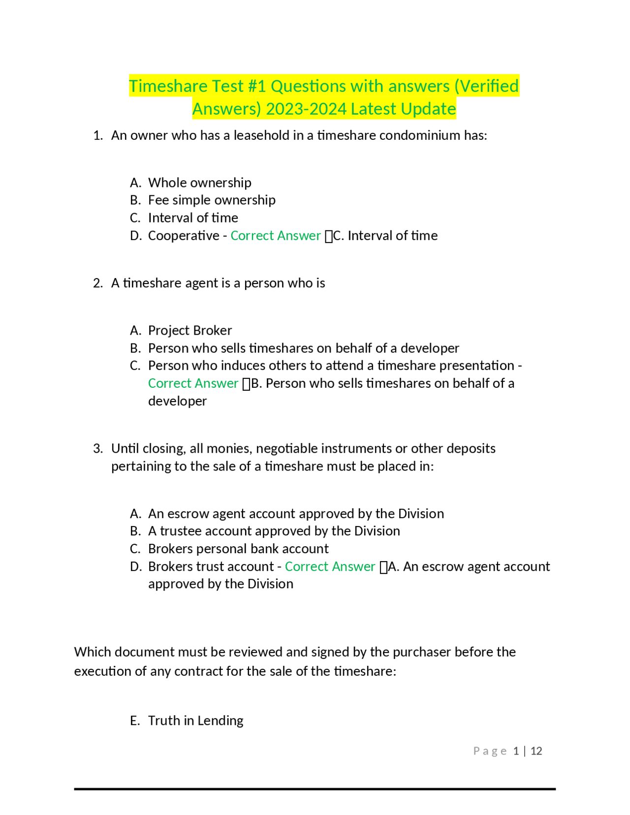 Timeshare Test #1 Questions with Answers | Exams Economics | Docsity