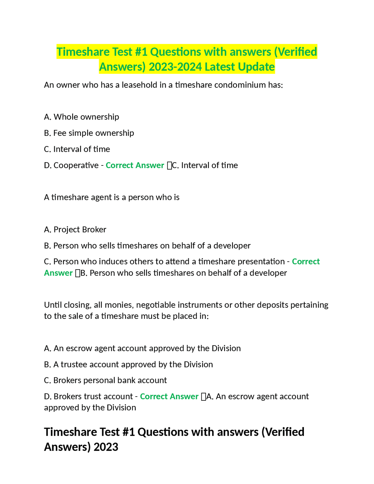 Timeshare Test #1 Questions with answers (Verified Answers) 2023-2024 ...