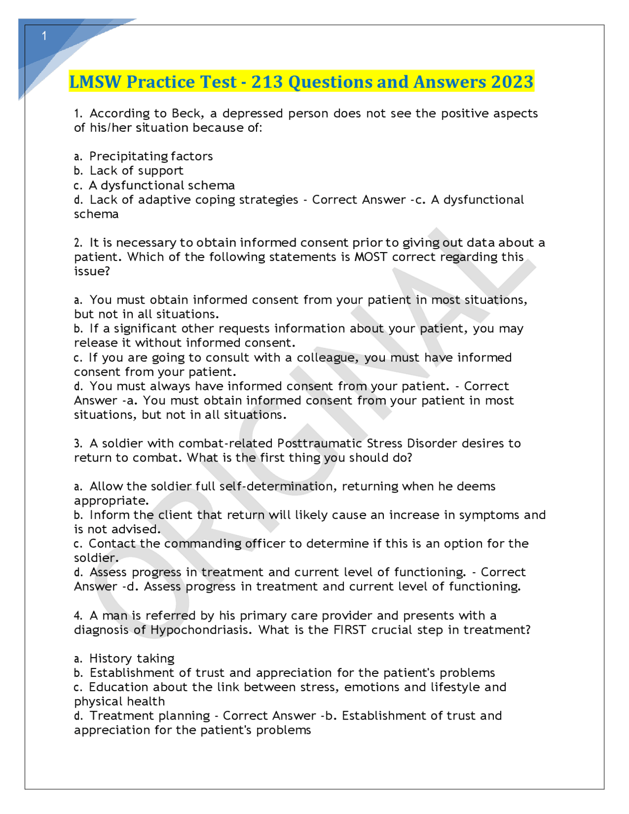 LMSW Practice Test - 213 Questions and Answers 2023 | Exams Nursing ...