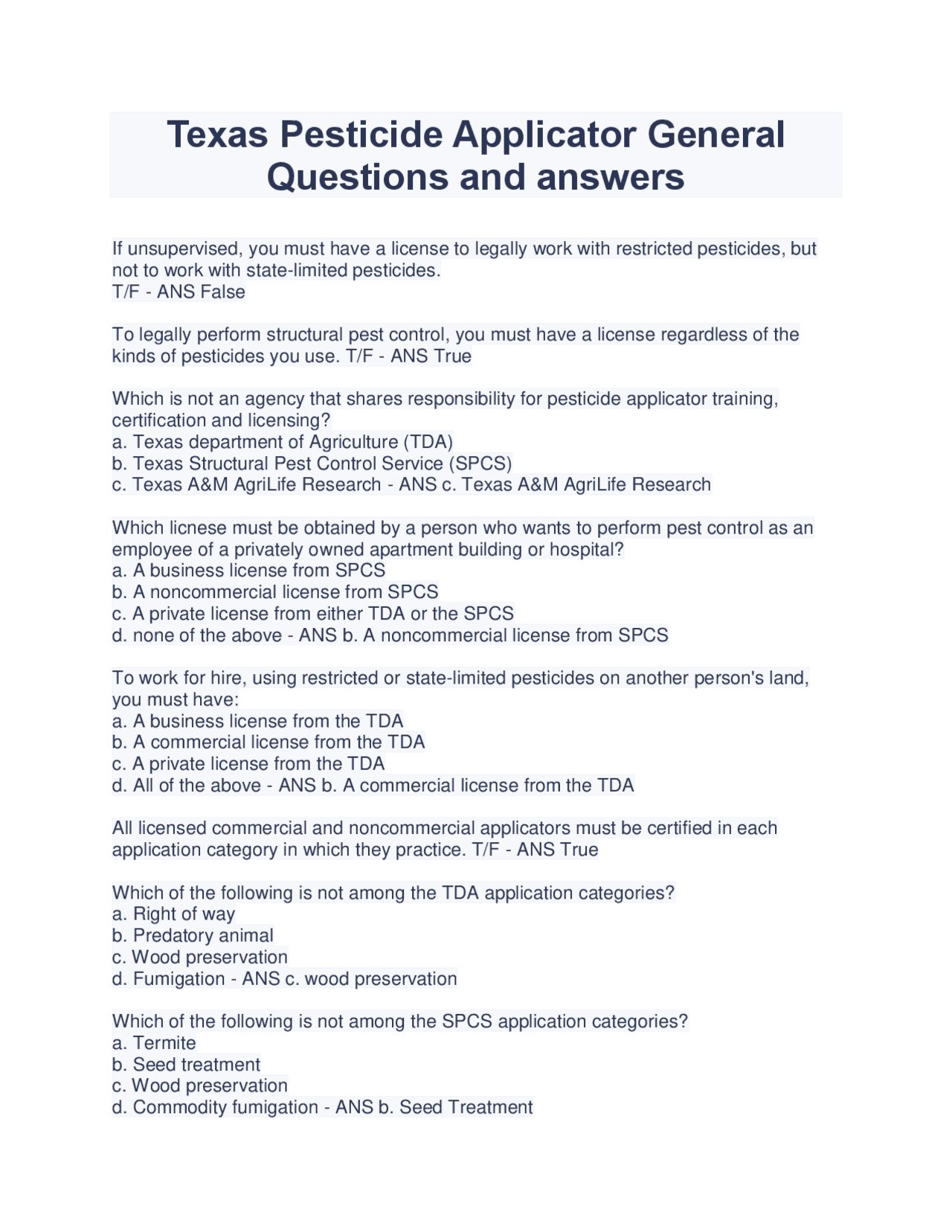 Texas Pesticide Applicator General Questions and answers | Exams Pest ...