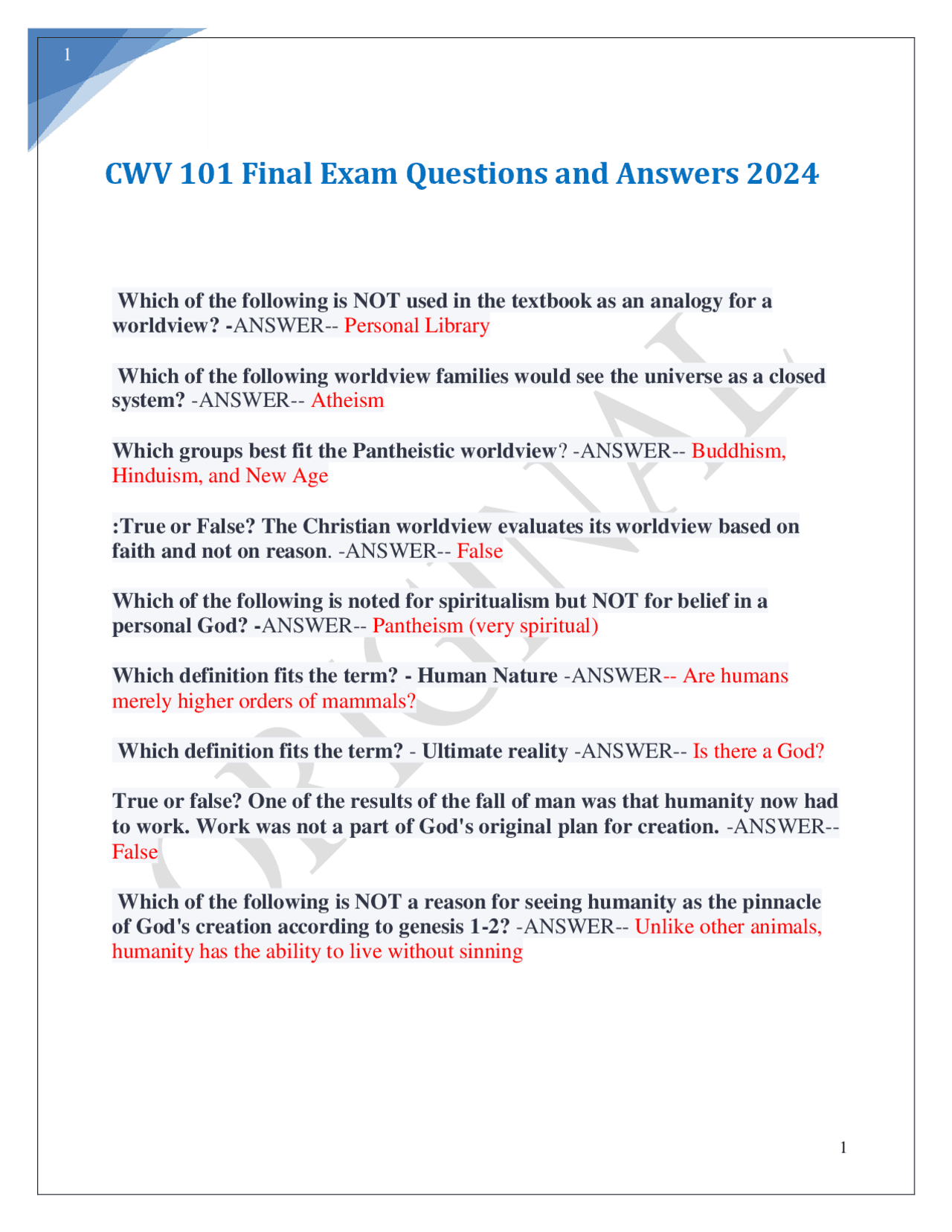 CWV 101 Final Exam Questions and Answers 2024 | Exams Nursing | Docsity