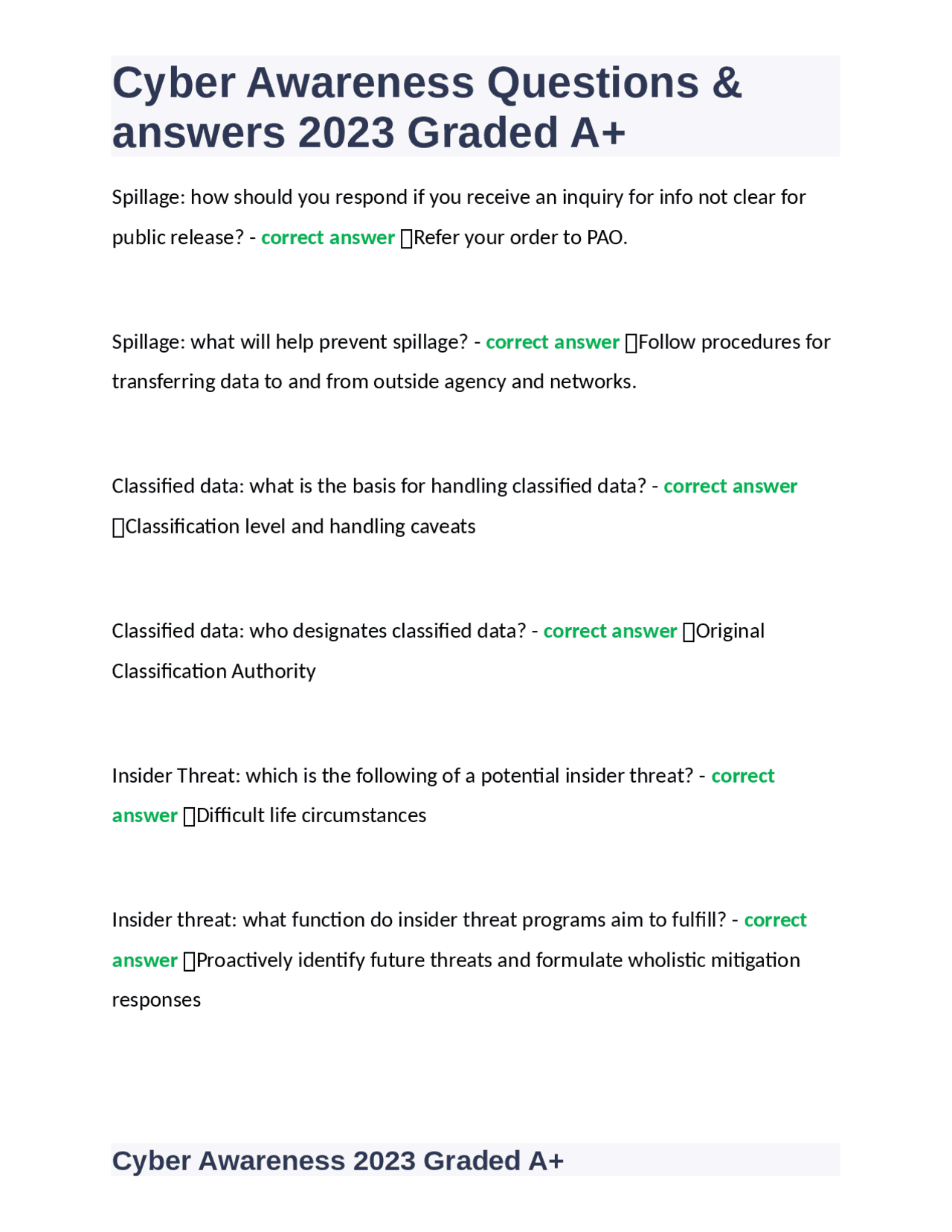 Cyber Awareness Questions & answers 2023 Graded A+ Cyber Awareness ...