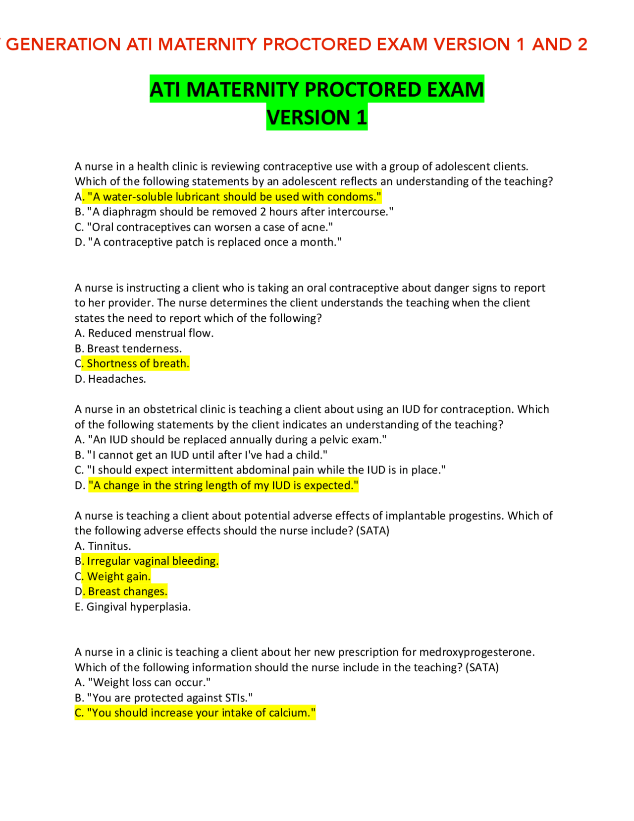 ATI Maternity Proctored Exam Version 1 | Exams Nursing | Docsity