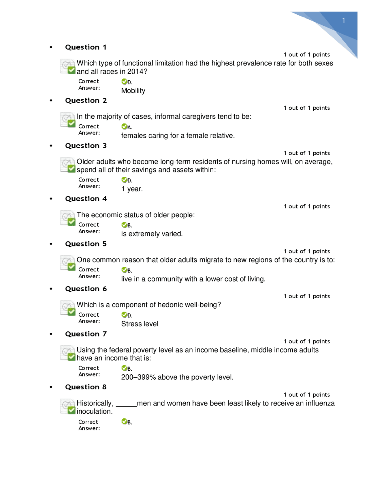 GERONTOLOGY ALL QUIZES WITH ALL VERIFIED ANSWERS BY EXPERTS LATEST 2024 ...