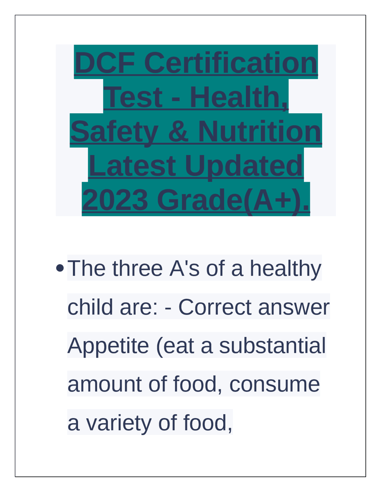 DCF Certification Test - Health, Safety & Nutrition Latest Updated 2023 ...