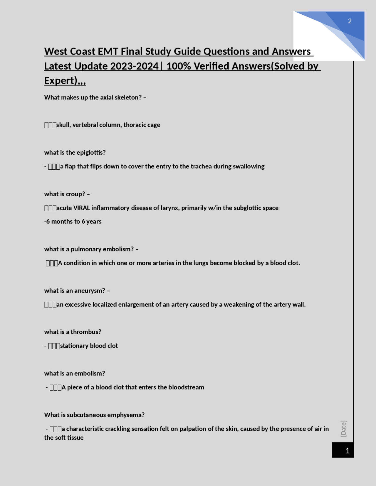 West Coast EMT Final Study Guide Questions and Answers Latest Update ...