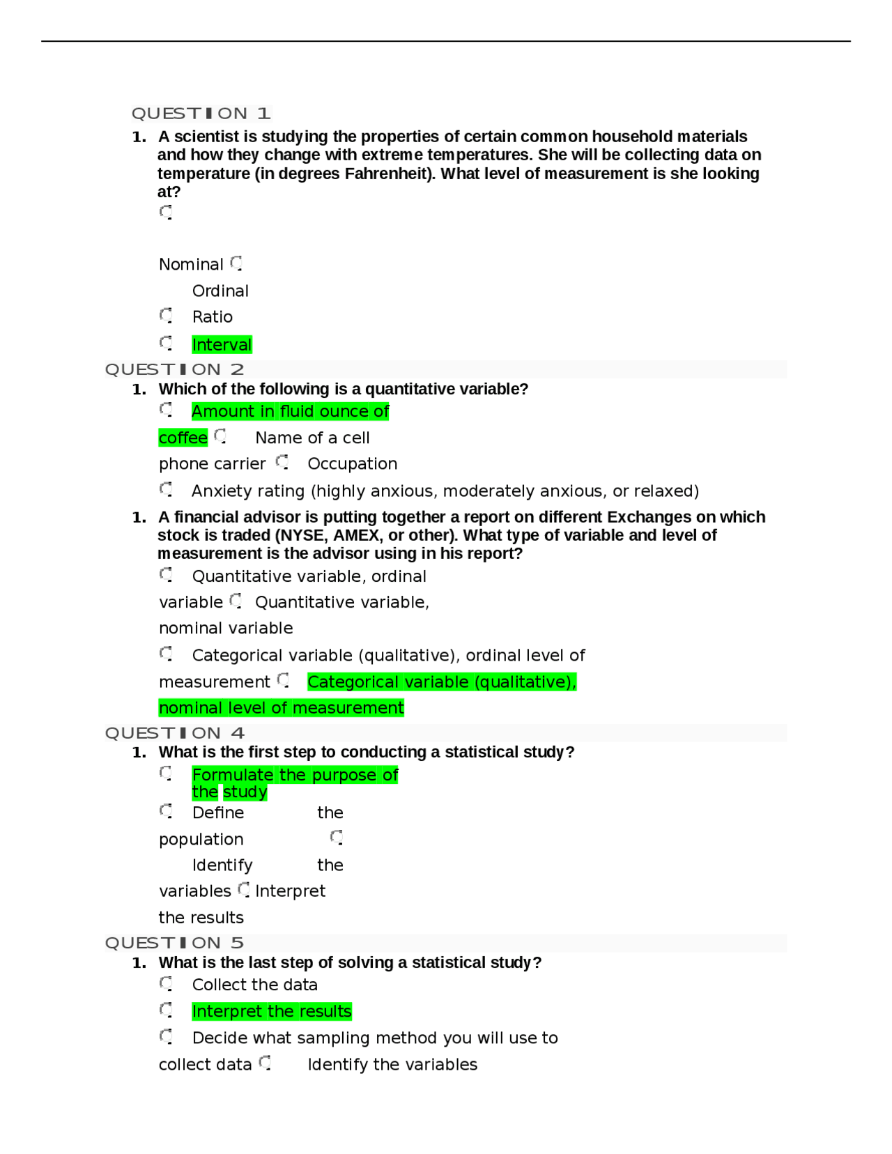 Introduction to Statistics: Variables and Levels of Measurement | Exercises Statistics | Docsity
