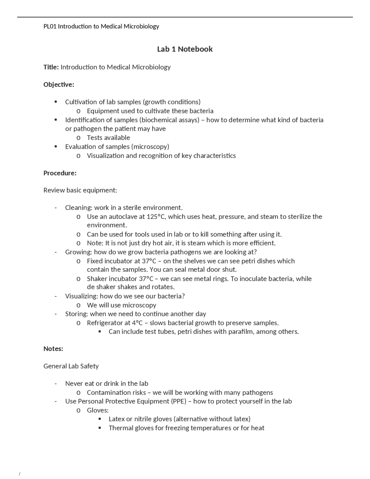 Biod 171 Pl01 Introduction To Medical Microbiology Lab Notebook 1